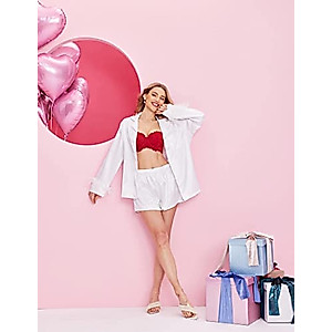 Ekouaer Women's Satin Pajama Silk Pj Sets Feather Trim Comfy Satin Sleepwear Long Sleeve Pjs Wedding Bride White L