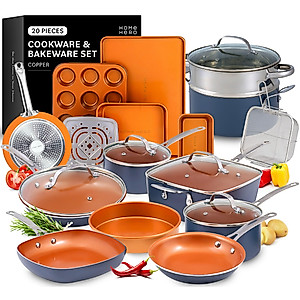 Home Hero Pots and Pans Set Non Stick - Induction Compatible Kitchen Cookware Sets + Bakeware Sets - Non Stick, PFOA Free, Oven Safe Pot and Pan Set Nonstick (20 Pcs - Copper)
