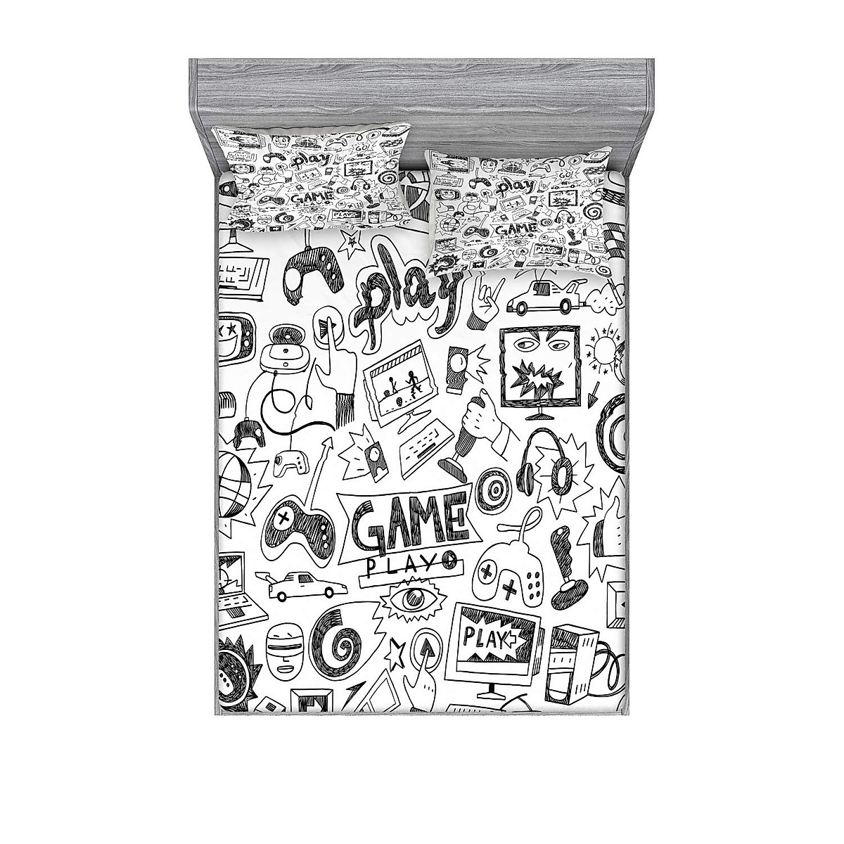 Ambesonne Video Games Bedding Set with Sheet & Covers Monochrome Sketch Gaming Decor Design Racing Teen 90's Themed Picture Art Bed Cover for Master Bedroom and 2 Shams, Queen Size, Charcoal Black
