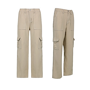 Zucige Women High Waisted Cargo Pants Y2K Baggy Stretchy Wide Leg Loose Fit Combat Military Trouser with Pocket Khaki L