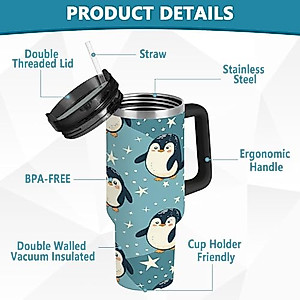 FRCSDIY Cute Penguin Insulated Tumbler with Handle and Straw Lid,40oz Leakproof Stainless Steel Cup BPA-Free Water Bottle