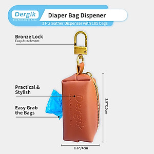 Dergik LEATHER Diaper Bag Dispenser | 105 Disposable Diaper Sacks (7 Pack Diaper Bags Refills) for Baby and Toddler Poop or Dirty Clothes | Portable Travel Essential and On the Go, Brown