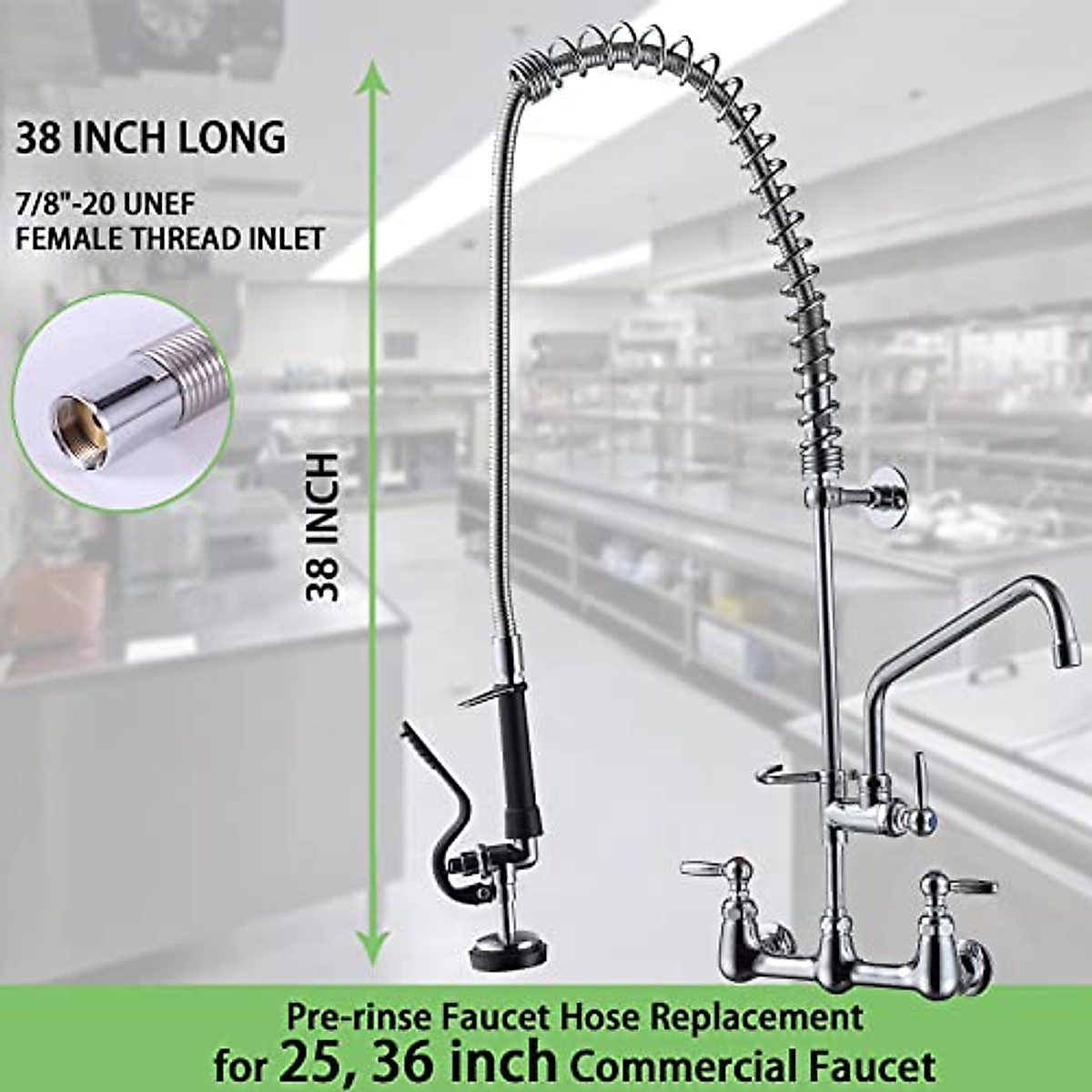HYAHDEN 38 Inch Flexible Stainless Steel Pre-rinse Sprayer Hose for Commercial Kitchen Sink Faucet, Commercial Faucet Parts Replacement Kit 38”Stainless Steel Sprayer Hose for commercial faucet