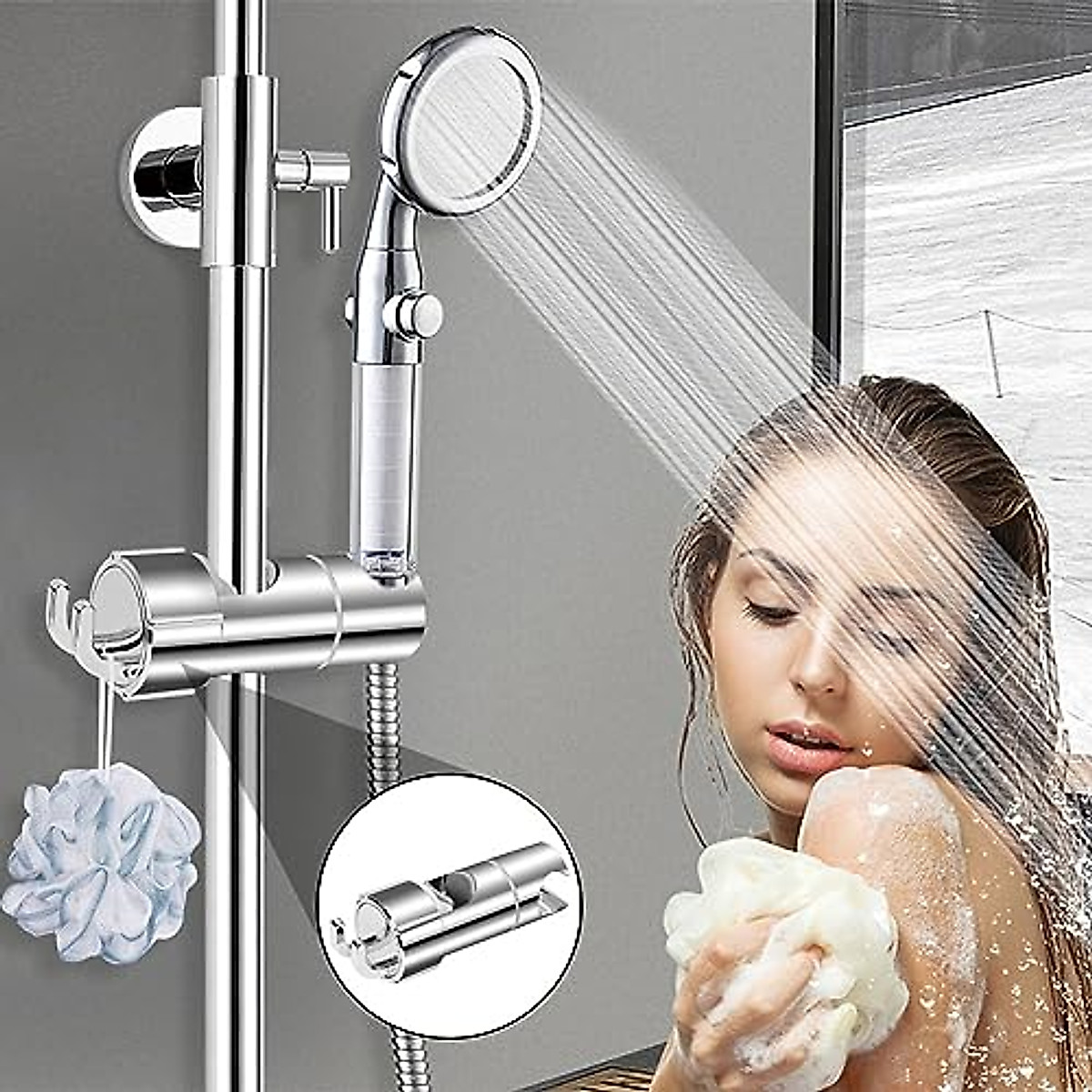 OSDUE Shower Head Holder, 16-27mm Slider Bar Adjustable Shower Head Holder for Slide Bar Slider Clamp Bathroom Replacement, 360 Degree Rotating Sprayer Holder with 2 Hooks, Chrome Finish - Silver