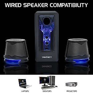 ENHANCE SB 2.1 Computer Speakers with Subwoofer - Blue LED Gaming Speakers, Computer Speaker System, AC Powered & 3.5mm, Volume and Bass Control, Compatible with Gaming PC, Desktop, Laptop