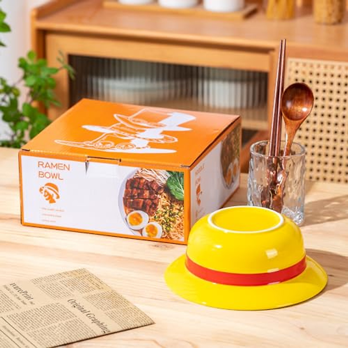Feellawn Straw Hat Ramen Bowl With Chopsticks for Anime Fans（Ceramic）