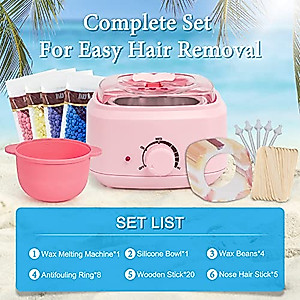 Setgnur Wax Warmer Kit,Hair Removal Waxing Kit 4 Formula Hard Wax Beads for Wax Machine Women and Men Wax Warmer Home Use with 20 Wax Sticks (Pink-Wax Kit)
