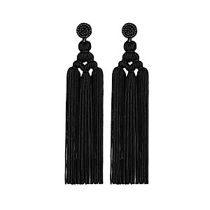 Long Woven Tassel Fringe Drop Dangle Earrings Large Beaded Chandelier Handmade Knot for Women Statement Bohemian Thread Layered-Black