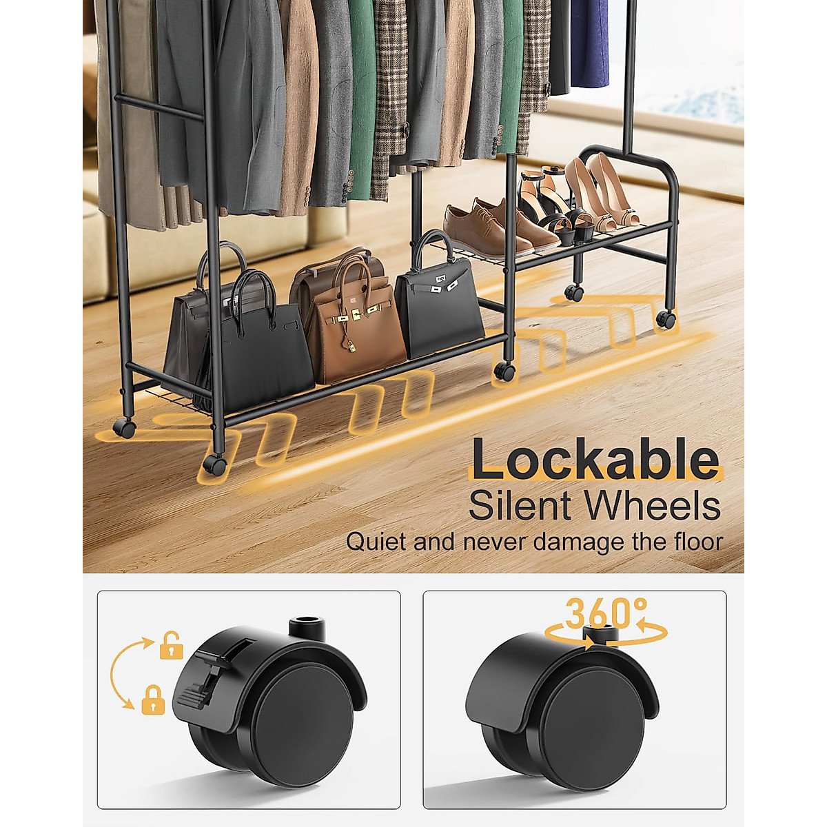 FYBEE 3-In-1 Clothes Racks For Hanging Clothes with Coat Rack, Heavy Duty Clothing Rack with Shelves Load 620Lbs, Portable Garment Racks with Lockable Wheels, Multi-Functional Closet Rack For Bedroom