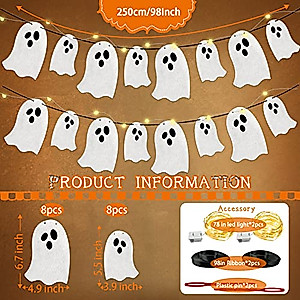 IWPTY Halloween Ghost Banner, Ghost Garland White Glittery Halloween Decorations for Party Indoor Outdoor Haunted Houses, Home House Doorways Mantel Wall Decor Supplies - 2 Packs with 2 String Lights