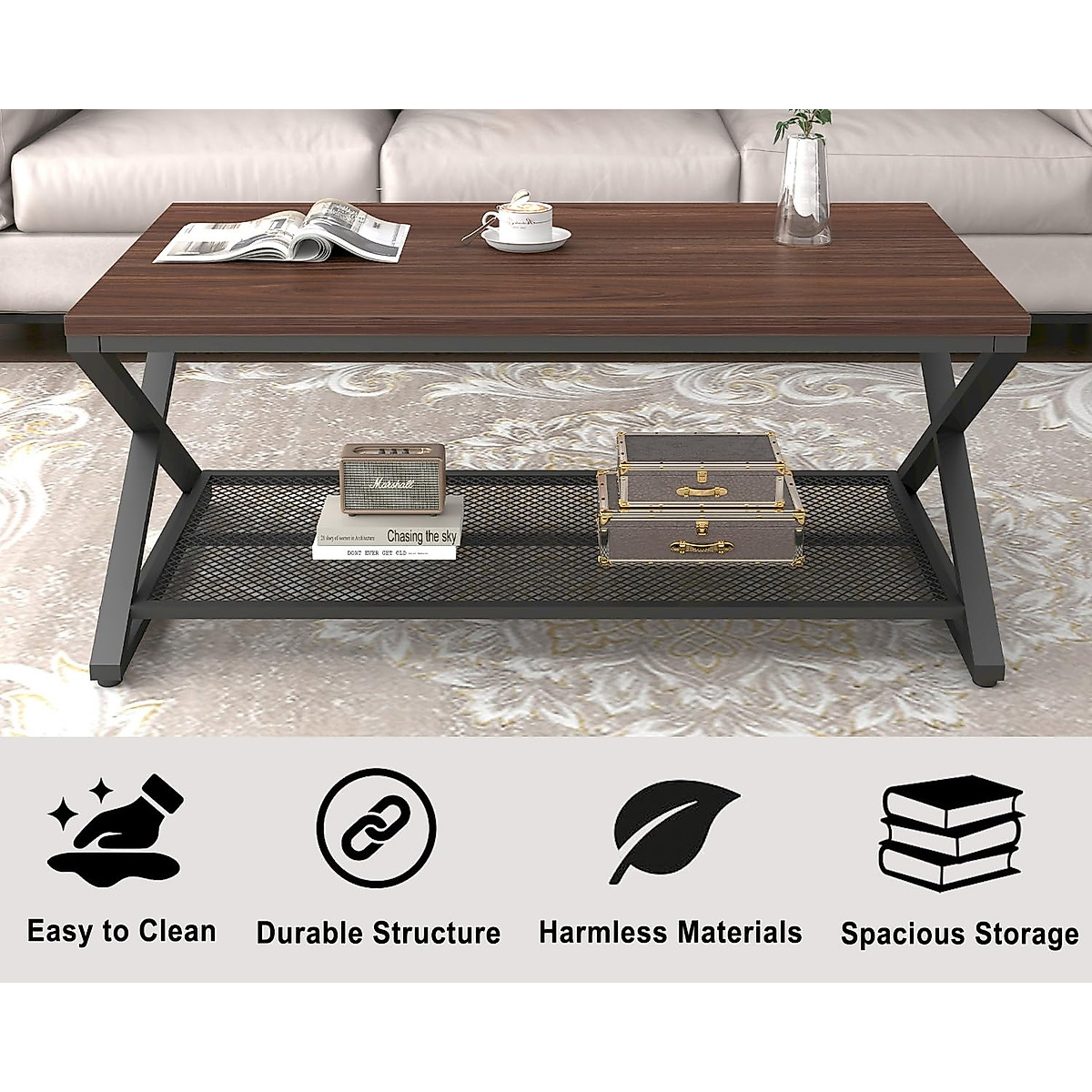 LVB Walnut Coffee Table with Storage, Metal Wood Rectangle Living Room Table, Industrial 2 Tier Center Table with Mesh Shelf, Vintage Wooden Middle Concrete Tables for Office Bedroom, 39 inch, Walnut