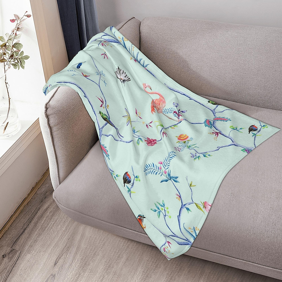 Super Soft Flannel Blanket with Flower-and-Bird Pattern on Branches 50 X 40 Inch Comfortable and Light Blanket is Suitable for Sofa Decoration Travel.