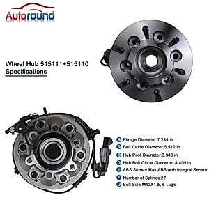 Autoround 4WD Both Front Driver Passenger Side Wheel Bearing and Hub Assembly Compatible with Chevy Colorado, GMC Canyon, Isuzu i-350, i-370 4x4 2004 2005 2006 2007 2008 6 Lug w/ABS 515111 515110