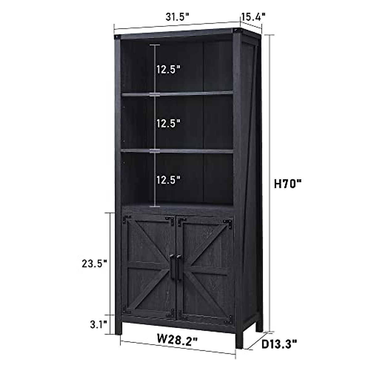 JXQTLINGMU Farmhouse Storage Cabinet, 5 Shelf Bookshelf, Bookcase, Pantry Cabinet, Versatile Storage Cabinet with Doors and Adjustable Shelves for Living Room, Bedroom, Kitchen (Black)