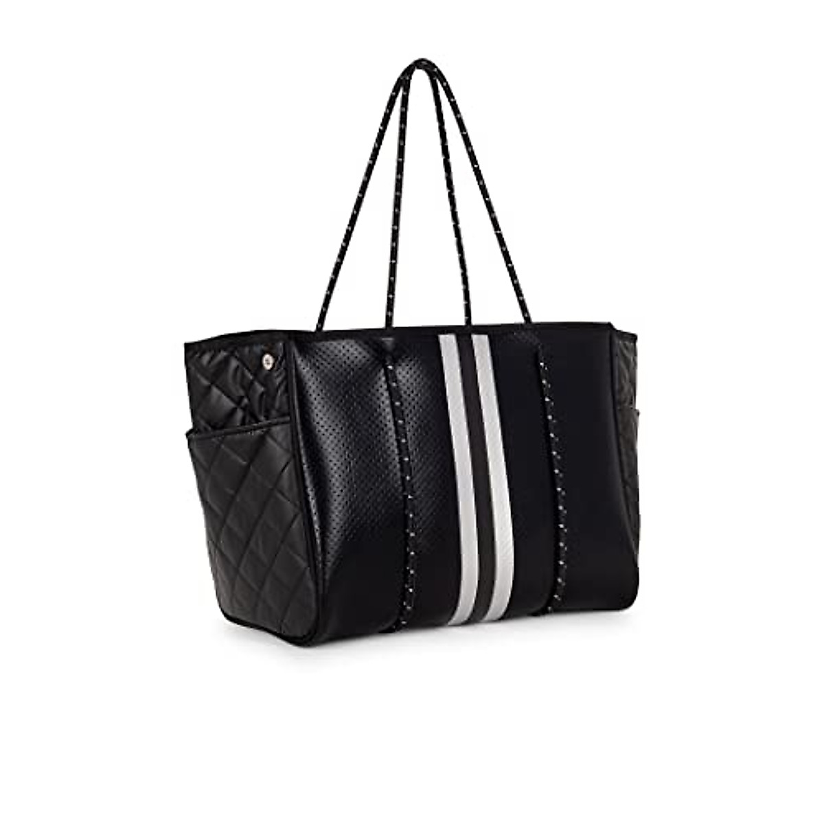 Haute Shore - Greyson Carbon Neoprene Tote Bag w/Zipper Wristlet Inside,Black Coated W/Silver & Black Stripe,One_Size