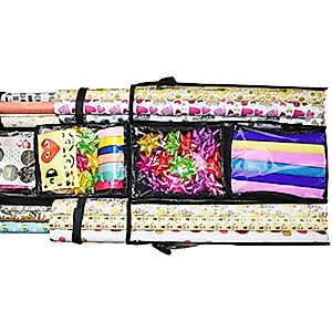 Freegrace Double Sided Hanging Gift Wrap Organizer | Large 16" x 41" Wrapping Paper Rolls Storage Bag | Tearproof & Space Saving Closet Gift Bag Organization Solution (Black)