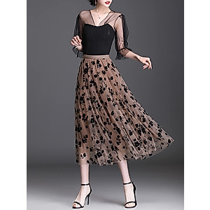 Reaowazo Skirts for Women Midi Long Length Dressy Casual Trendy Summer Tulle A-Line Floral High Waist Skirt Khaki 2XL-3XL