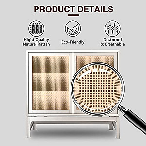 AWQM 2pcs Rattan Sideboard Buffet Cabinet with Storage,Kithchen Accent Storage Cabinet with Doors Console Table with Adjustable Shelves,Wood Console Cabinet for Dining Room,Living Room,White