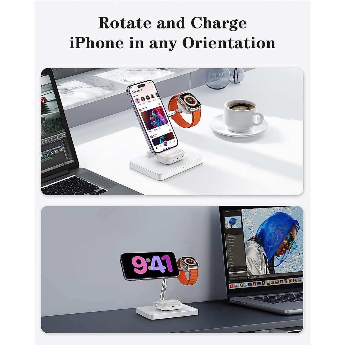 3 in 1 Wireless Charger for MagSafe, Foldable Charging Station for Multiple Apple Devices, Compatible with iPhone 15/14/13/12, Apple Watch, AirPods Pro/3/2 (Cable and Adapter Included) White