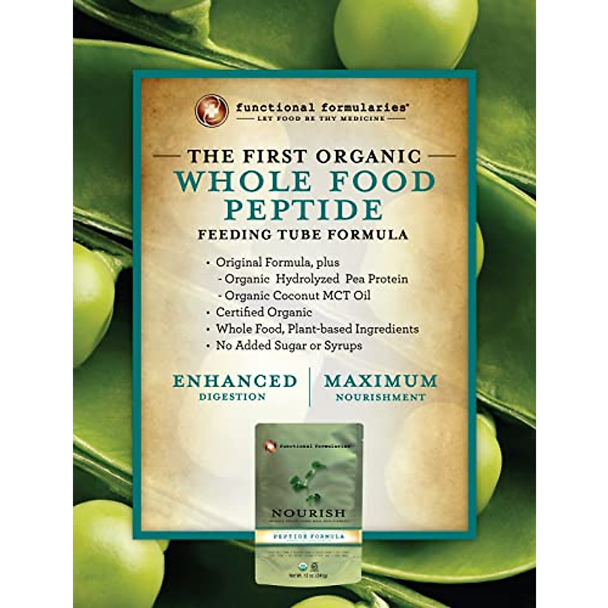 Functional Formularies Nourish Peptide Organic Tube Feeding Formula and Nutritional Meal Replacement Supplement, 12 Oz Pouch, Pack of 12