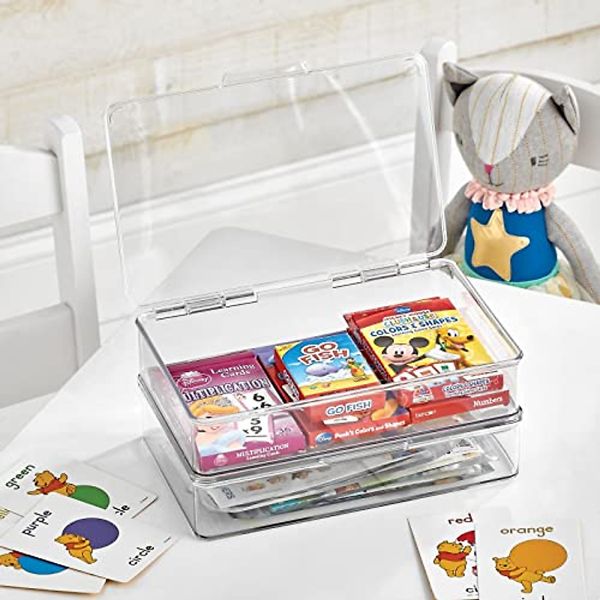 mDesign Plastic Stackable Rectangular Storage Container Bin with Hinged Lid for Organizing Kids Room, Play Room, Nursery; Holds Small Toys, Crayons, Puzzles - 4 Pack - Clear