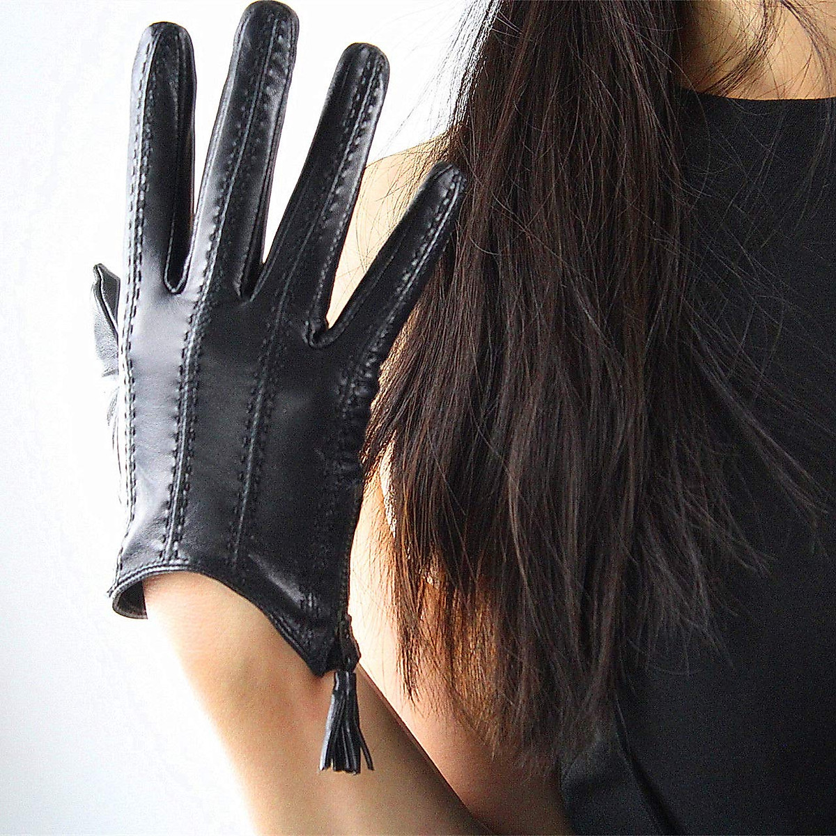 DooWay Short Black Touchscreen Real Leather Gloves, Imported Goatskin Leather Tassel Zipper Unique Pop Finger Gloves,size M