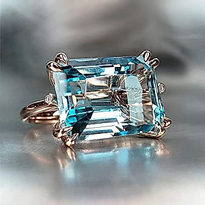 Sdouefos Fashion Jewelry 14k Gold Filled Sea Blue Topaz Rectangle CZ Diamond Ring Women Anniversary Engagement Wedding Gemstone Ring (US Code 7)