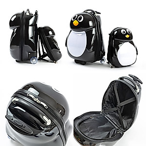 KIDDIETOTES Kids Carry-on Upright Luggage Suitcase and Backpack Set - Smooth Rolling Wheels - Penguin