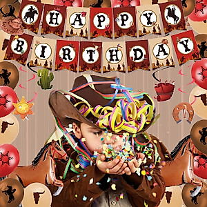 Cowboy Party Decorations Set - Western Birthday Party Decorations Country Rodeo Party Favor Horse Balloons Birthday Banner Cupcake Toppers Hanging Swirls