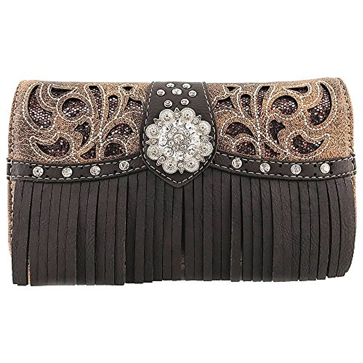 Justin West Rhinestone Concho Western Laser Cut Tooled Wristlet Wallet Shoulder Handbag Purse (Brown Purse and Wallet)