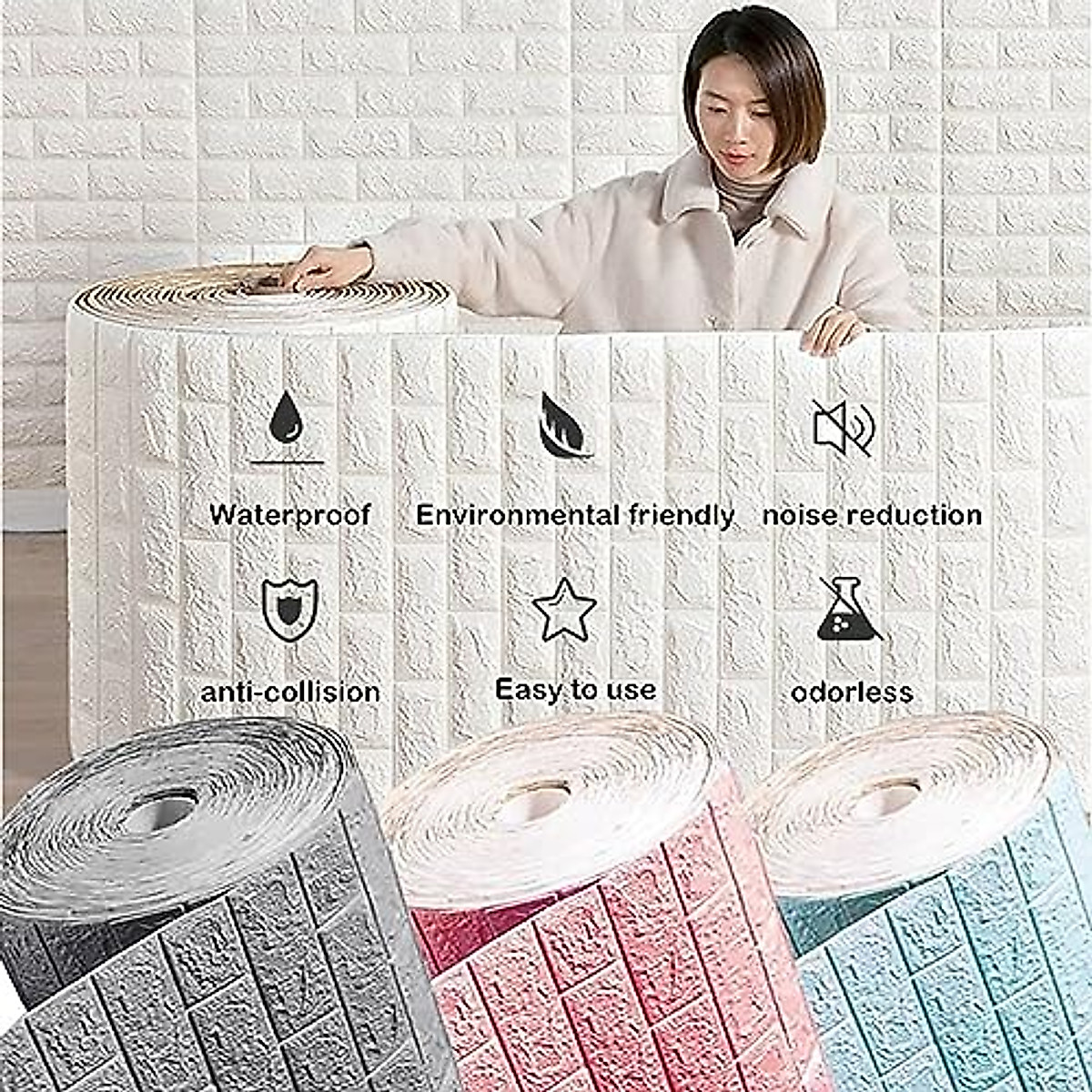 White Brick Wallpaper Peel and Stick Textured 3D Brick Wallpaper 27.6" x 196.9" Faux Brick Contact Paper Self-Adhesive Waterproof 3D Wall Paper Removable Vinyl Brick Backsplash, 37.67 Sq Ft Coverage