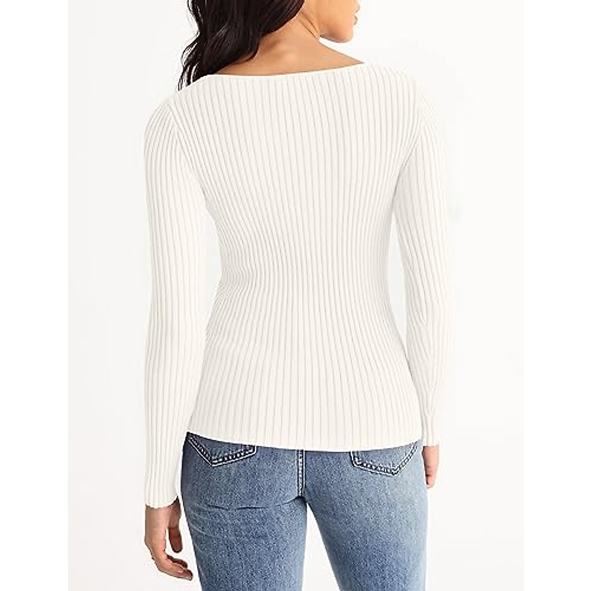 MEROKEETY Women's 2024 Square Neck Long Sleeve T Shirts Slim Fitted Ribbed Knit Casual Tee Tops, White, S