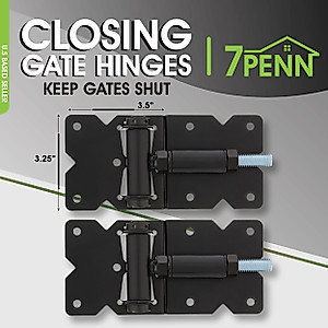 7Penn Self Closing Gate Hinges - 2pk Black Heavy Duty Gate Hinges with Gate Hardware for Outdoor Vinyl or Wood Fence - Adjustable Swing Gate Hinge Soft Door Closer for Garden Gate or Backyard Fencing