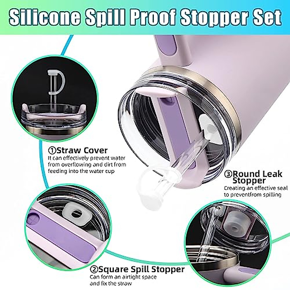 2 Sets Silicone Spill Stopper for Stanley 40/30 oz Quencher H2.0&1.0 Tumbler with Handle including 2 Straw Cover Sets 2 Round Leak Stoppers 2 Square Spill Stoppers for Stanley Cup Accessories