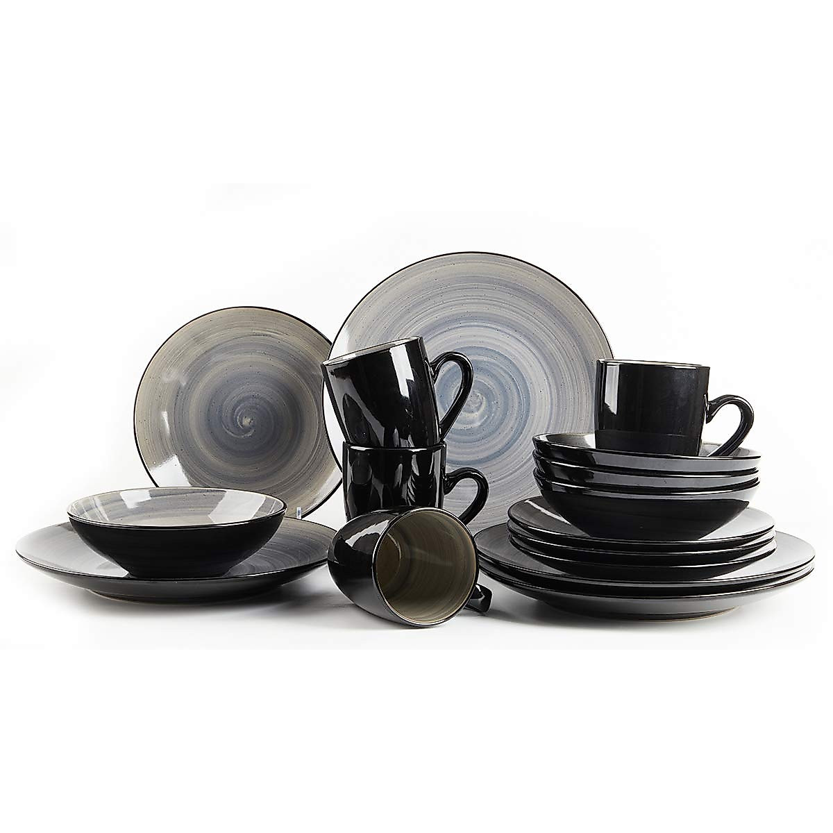 HomeVss, Stoneware Sonoma 16pc Dinnerware Set, Black + Speckled Spin Wash Grey