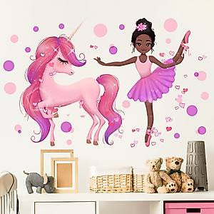 RoyoLam Black Ballet Girl with Unicorn Wall Decals Nursery Preschool Wall Stickers for Kid Baby Girl Removable Peel and Stick Waterproof Wall Art Decor Stickers for Living Room Bedroom Bathroom