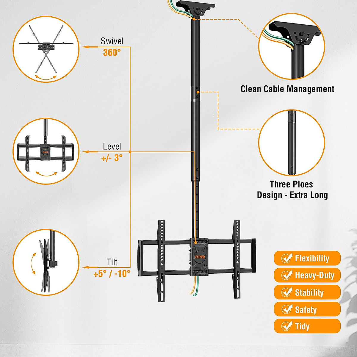 ELIVED Ceiling TV Mount for Most 37-75 Inch LED, LCD OLED Flat Curved TVs, Height Adjustable Full Motion TV Mount, Hanging TV Bracket Swivel and Tilt, Holds up to 110 lbs, Max VESA 600x400mm YD3016