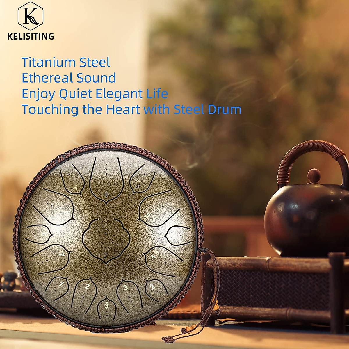 Steel Tongue Drum,Premium 14 Inch 15 Notes D Minor Hand Steel Drum,Adult's Steel Drum instrument,Clean Clear Ethereal Sounds,Oil Brown