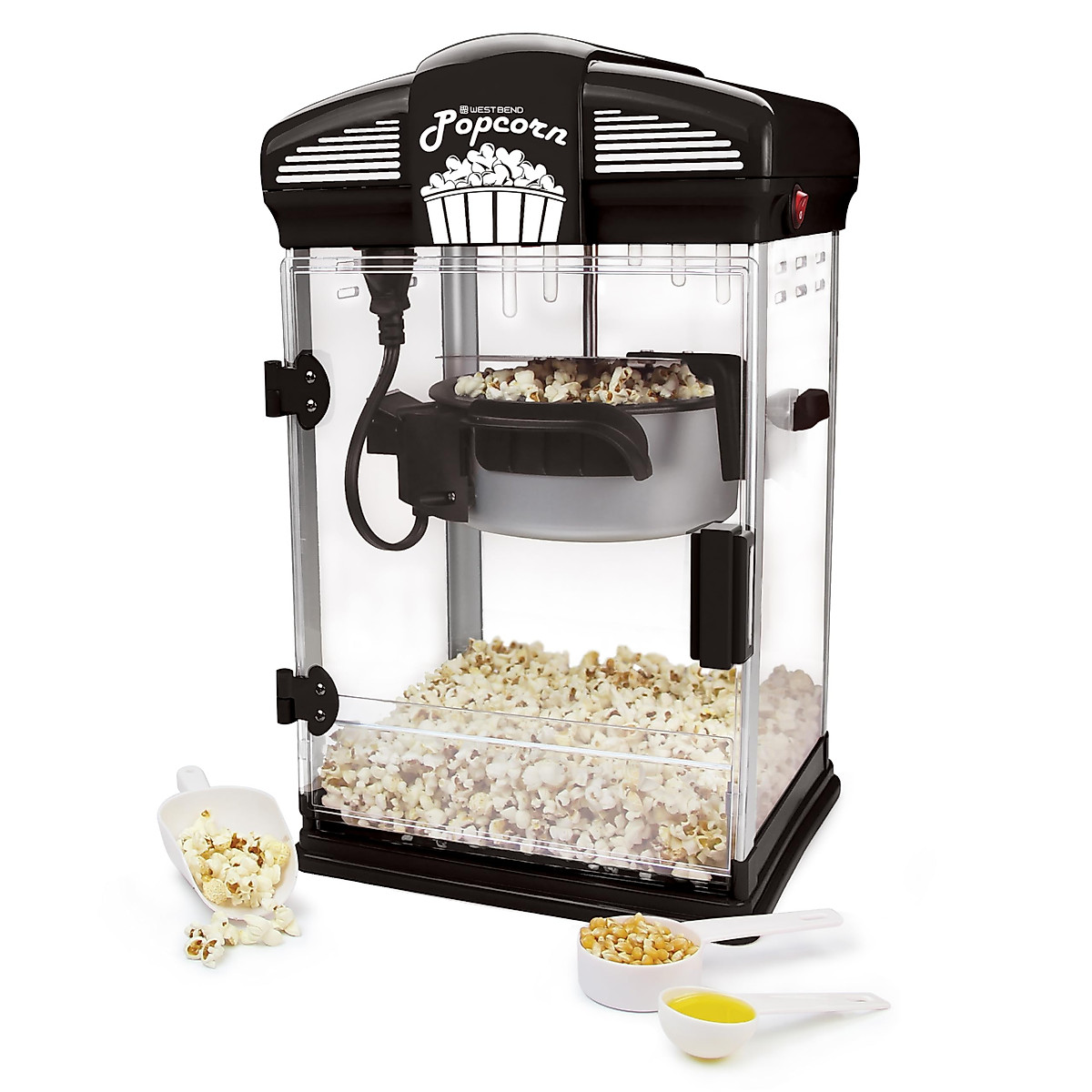 West Bend Stir Crazy Movie Theater Popcorn Popper, Gourmet Popcorn Maker Machine with Nonstick Popcorn Kettle, Measuring Tool and Popcorn Scoop for Popcorn Machine, 4 Qt., Black