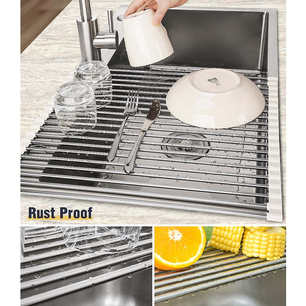 Tomorotec 17.7" x 15.5" Roll Up Dish Drying Rack Over Sink Drying Rack Sink Cover Kitchen Sink Accessories Gadget Multipurpose Organizer Foldable Stainless Steel Drainer