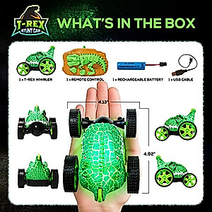 Force1 Dino Whirler T-Rex 360 Stunt Car Mini RC Car for Kids - Fast Remote Control Mini Stunt Car 5 Wheels LEDs 360 Flips Standing Rotating Small RC Car 2.4 GHZ Remote Control Car Toy for Boys Girls