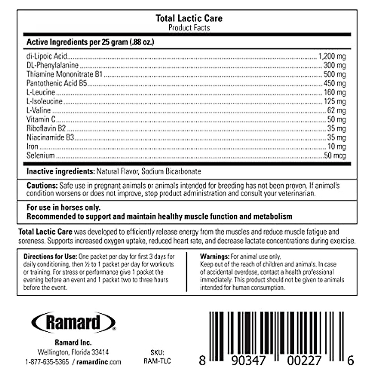 Ramard Total Lactic Care for Aging Horses, Supports Joint Function, Energy & Stamina Horse Supplies, Vitamin & Supplements w/ Branch Chain Amino Acids, 25g Pouch, 5-Pack