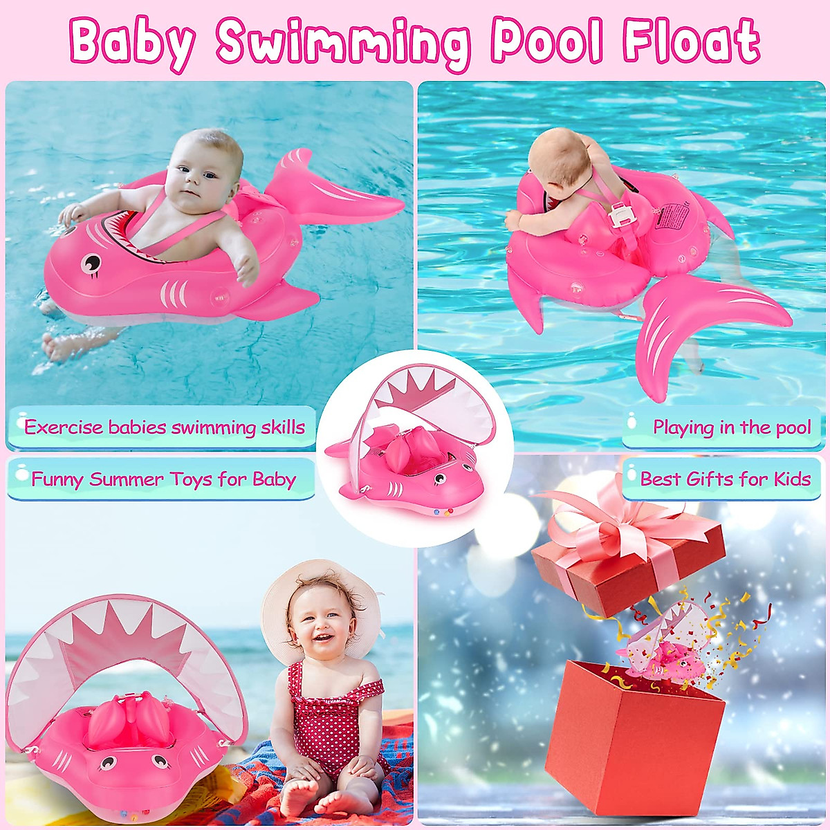 Baby Pool Float, Infant Swimming Float with Sun Protection Canopy Inflatable Floaties for Toddlers Shark Baby Swim Floats Ring for Pool Bath Toys for Newborn 3-36 Months