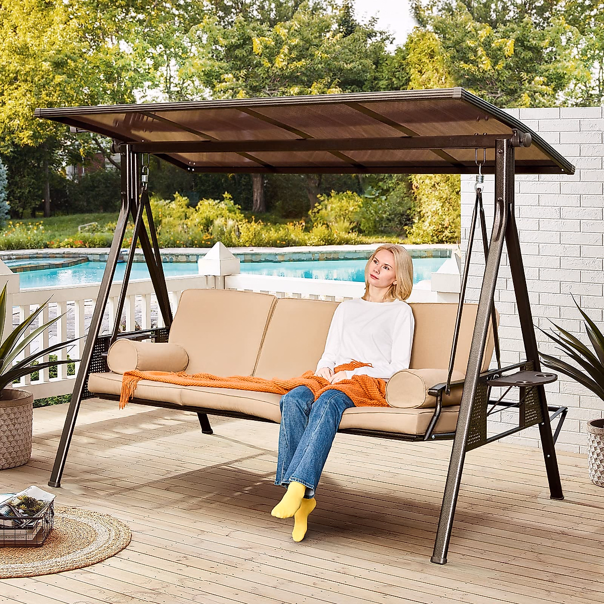 YOLENY 71in Outdoor Porch Swing with Hardtop, 3 Seat Patio Swing with 2 Side Cup Holder, Convertible Backrest Swing Bed with Cushion, 2 Pillows for Front, Porch, Lawn