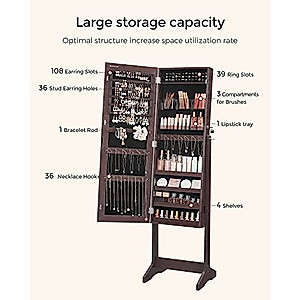 SONGMICS Jewelry Cabinet Armoire, Freestanding Lockable Storage Organizer Unit with 2 Plastic Cosmetic Storage, Full-Length Frameless Mirror, for Necklace Earring, Brown UJJC002K01