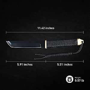Leopcito 11.5" Japanese Fixed Blade Tactical Knives with Sheath, Stainless Steel Black Survival Hunting Bushcraft Full Tang Tanto Knife with Paracord Handle for Camping, Adventure, EDC, C101BK