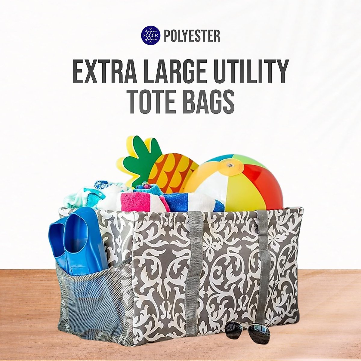 Lucazzi Extra Large Utility Tote Bag - Oversized Collapsible Reusable Wire Frame Rectangular Canvas Basket With Two Exterior Pockets For Beach, Pool, Laundry, Car Trunk, Storage - Gray Elephant