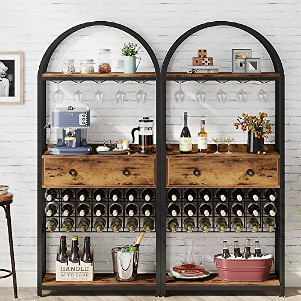 Tribesigns Wine Rack Cabinet Tall Freestanding Floor Liquor Cabinet with Glasses Holder and 1 Drawer, Industrial 21-Bottle Metal and Wood Wine Rack Table for Home Bar, Kitchen, Dining, Rustic Brown