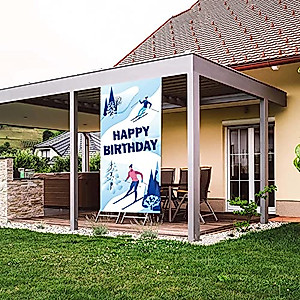 Skiing Happy Birthday Banner Backdrop Background Sports Ski Snowboards Theme Decor Decorations for Skier Winter Christmas 1st Birthday Party Baby Shower Supplies Photo Booth Props Favors