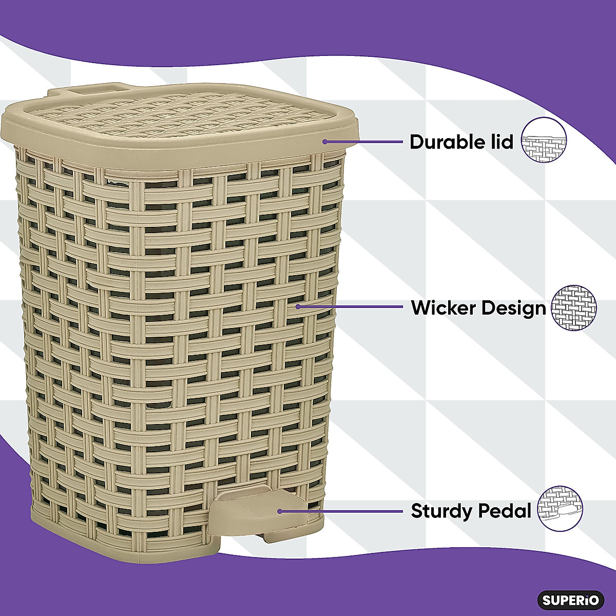 Superio Rattan Compact Trash Bin 6 Liter, Beige and Brown - Wicker Trash Can with Pedal Step On Lid